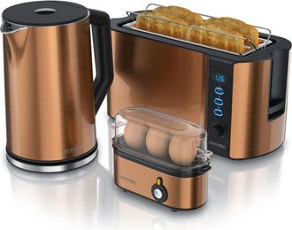 Arendo 3-teiliges Fr&uuml;hst&uuml;cks-Set, 4 Scheiben Langschlitztoaster, Wasserkocher 1,5l, 3er Eierkocher, Kupfer - Arendo