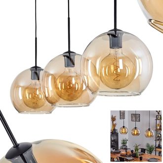 HOFSTEIN Hängeleuchte Koyoto, Hängelampe aus Metall/Glas in Schwarz/Bernsteinfarben, Leuchte 3-flammig im Vintage/Retro Design mit Schirmen aus Glas (Ø 25 cm),