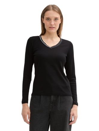 Tom Tailor Damen Longsleeve mit V-Ausschnitt, 14482 - Deep Black, L