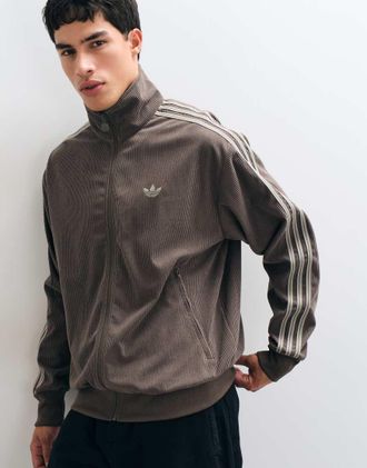 adidas Originals Firebird haut de surv&ecirc;tement en velours c&ocirc;tel&eacute; kaki fonc&eacute;-Marron