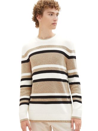 Tom Tailor Herren 1038278 Basic Strick-Pullover mit Streifenmuster, 32764-ecru Fancy Multicolor Stripe, XXL
