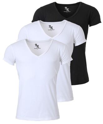 Young & Rich Herren Uni T-Shirt mit extra tiefem V-Ausschnitt Slimfit Stretch Dehnbare Passform einfarbiges Basic Shirt - 3er Pack, Gr&ouml;sse:3XL, Farbe:2 x Wei&szlig; / 1 