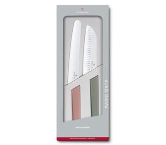 Victorinox by Swiss Army Swiss Modern Messer Set, 2-teilig, Brotmesser, Santokumesser, Extra Scharf, Robuster Kunststoffgriff, farbig