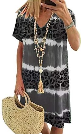 ORANDESIGNE Femmes Robe Manches Courtes Boho Col V de Plage Longueur au Genou Robe Chemise Été Impression Tie-Dye E Gris XL