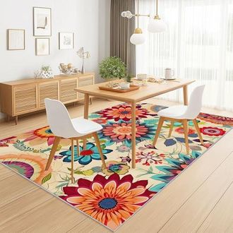 Generic Multicolore Lavable en Machine Tapis Salon Classique Ethnique Floral, 120 x 180 cm Doux Tapis de Sol Pelucheux Dessous Antid&eacute;rapant, Entree Interieur 