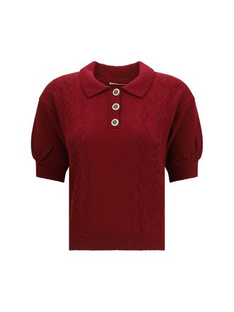 Alessandra Rich Merino Wool Puff-Sleeve Polo Shirt - Red
