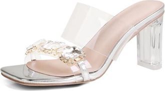 Generic Qynthra Sandales Femme Bout Carr&eacute; Luxe Bride Cristal Talon Bloc &Eacute;pais &agrave; Enfiler Mules Slides de Robe Style Fran&ccedil;ais pour Sorties d&Eacute;t&eacute; et R&eacute;ception du 