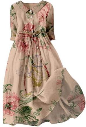 Generic Robe chemise daffaires boutonnée à revers pour femme, robe longue mi-longue mi-longue, col en V, manches 3/4, décontractée, plage, printemps, rose gol