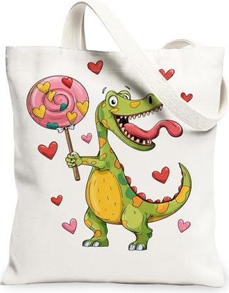 Generic Sac fourre-tout en toile de dinosaure ludique, mignon motif dinosaure de dessin anim&eacute;, sacs &agrave; provisions r&eacute;utilisables, l&eacute;gers et lavables avec bandou