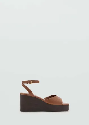 Mango Sandales cuir talon compens&eacute; marron moyen - Femme - 39 - MANGO