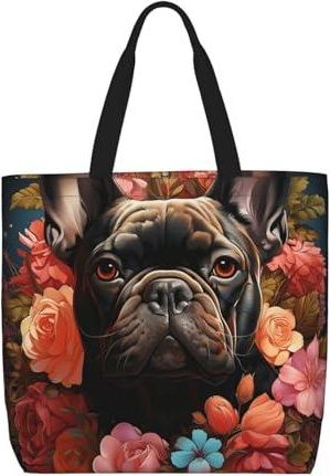 Generic Bouledogue Et Fleurs Sac &Agrave; Bandouli&egrave;re L&eacute;ger Sacs De Courses D&eacute;contract&eacute; Sac Fourre-Tout Pour Travail Shopping Plage