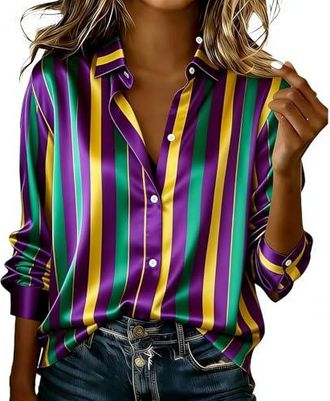 Generic Chemisiers en satin pour femme - Mardi Gras - Manches longues - Hauts surdimensionn&eacute;s &eacute;l&eacute;gants boutonn&eacute;s - Pour f&ecirc;te, travail, quotidien, carnaval, ve