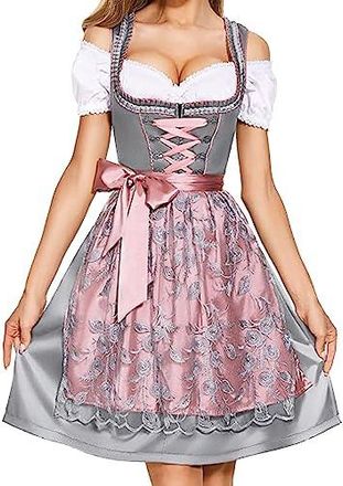 Generic Dirndl Femme Midi Conte des Alpes - Tenue festive de la bière sexy à une épaule - Robe traditionnelle Oktoberfest - Manches bouffantes - Robe de fête 