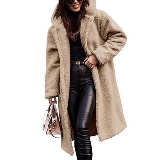 Generic Manteaux longs en fausse fourrure pour femmes manteaux chauds dhiver vestes &agrave; capuche en polaire pelucheuse &agrave; manches longues tendance v&ecirc;tements dext&eacute;