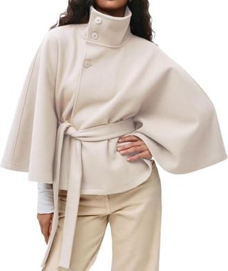 Generic Ponchos à manches chauve-souris pour femme, manteau court dhiver tendance, col montant, cape en laine, avec ceinture, blanc, XXL