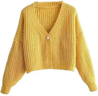 Generic Cardigan uni &agrave; manches courtes et &agrave; manches longues pour femme - Col en V - Boutonn&eacute;, jaune, Taille Unique