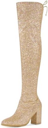 Allegra K Bottes hautes au-dessus du genou &agrave; bout rond &agrave; paillettes pour femme, dor&eacute;, 37.5 EU