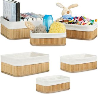 Relaxdays 12 x Regalkorb Bambus, Aufbewahrungsboxen rechteckig f&uuml;r Schrank und Schublade, ohne Deckel, Dekokorb, 3 Gr&ouml;&szlig;en, natur