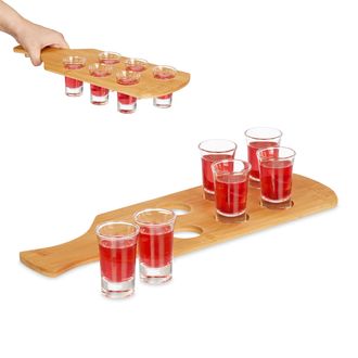 Relaxdays Schnapsbrett, mit 6 Gl&auml;sern, 4 cl, Schnapstablett mit Griff, Geschenkidee, Schnapsglashalter, Bambus, Natur