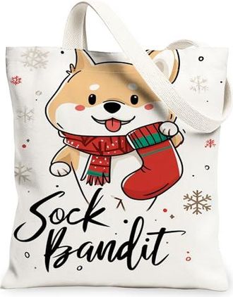 Generic Sacs fourre-tout en toile pour chien dhiver, motif animal mignon, sacs d&eacute;picerie r&eacute;utilisables, l&eacute;gers et lavables, blanc, 13x15 Inch