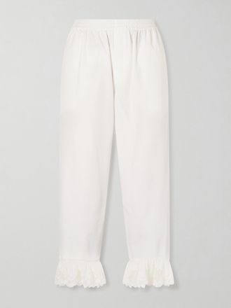 Saint Laurent Cropped Ruffled Lace-trimmed Cotton-poplin Straight-leg Pants - White