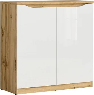 PEGANE Buffet Meuble bas de rangement &agrave; 2 portes, coloris ch&ecirc;ne Wotan/blanc brillant - Longueur 90 x Profondeur 39,5 x Hauteur 91,5 cm