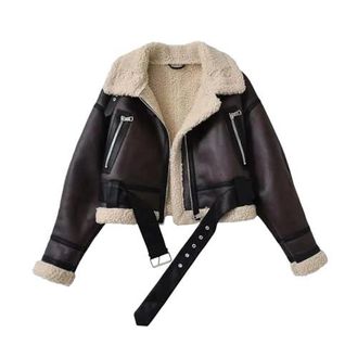 Generic Femme Automne Hiver Faux Cuir dagneau Fourrure Veste Courte avec Ceinture Chic Biker Épais Chaud Manteau, marron, XS