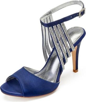 Generic Satin Chaussures De Mariage Sandales À Talons Hauts Femmes Mariée Bout Ouvert Dress Fête Stylet 10.5Cm,Dark Blue,38 EU
