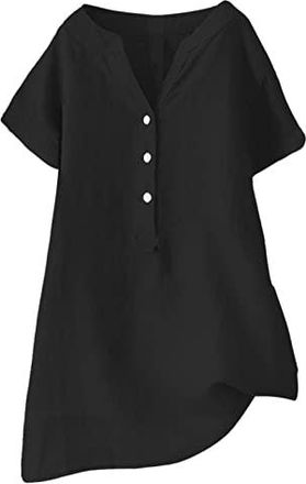Generic Chemise en lin pour femme - Chemisier long en coton &agrave; manches courtes pour femme - T-shirt habill&eacute; d&eacute;contract&eacute; et l&eacute;ger - Col en V boutonn&eacute; - T-shirt 
