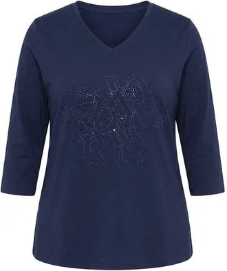 Ulla Popken Longsleeve Shirt Ziersteine Classic V-Ausschnitt 3/4-Arm