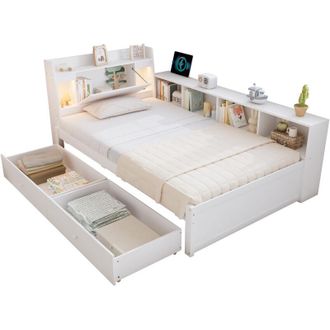 Liberte Lit simple, T&ecirc;te de lit avec compartiment de rangement 2 lampes, avec port de charge, Armoire lat&eacute;rale et tiroirs, Blanc, 90x200 cm