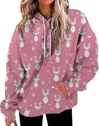 Generic Sweat à capuche de Noël à manches longues pour femme - Haut à manches longues pour femme - Bonbon de Noël - Bonbon de neige - Motif renne - Motif daut