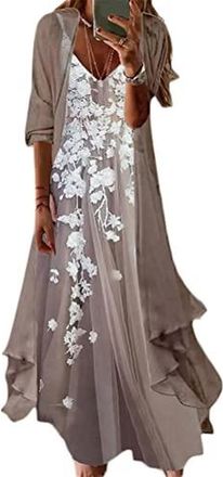 Minetom Robe DÉté De Plage pour Femme Maxi Robe en Mousseline De Soie À Motif Floral Col V Robe Longue Robe avec Blouse De Protection Solaire A2 Kaki 3XL
