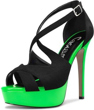 Castamere Femmes Ouvert Bout Aiguille Haut High Plate-forme Talon Heel Lanières Cheville Sandales Boucle Décontracté Chaussures 13 CM Heels Noir et vert 41 EU