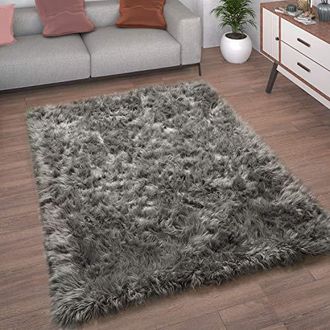 Paco Home Tapis De Salon Fausse Fourrure Imitation Shaggy Coussins De Sol Forme Coeur Rond, Dimension:60 cm Rond, Couleur:Anthracite