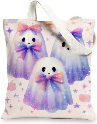 Generic Sacs fourre-tout en toile motif fantôme mignon, adorable motif esprit, sacs de courses réutilisables, amusants pastel, légers et lavables pour Hallowe