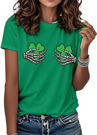 Generic T-shirts pour la Saint-Patrick pour femmes - Tr&egrave;fle squelette - T-shirts d&eacute;contract&eacute;s &agrave; col rond pour l&eacute;t&eacute; - pour les voyages, Vert, XXL