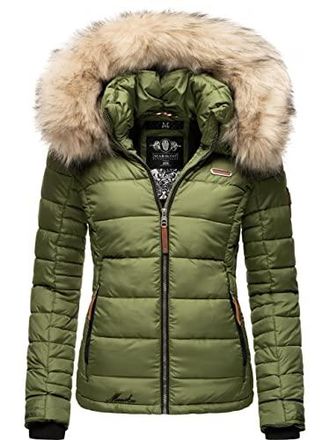 Marikoo Veste dhiver matelassée pour femme avec fourrure synthétique amovible Lerikaa XS-3XL, olive, XL