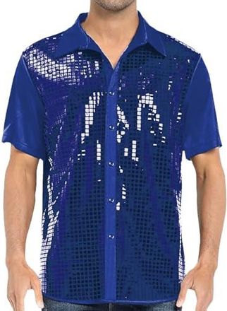 Generic Chemise &agrave; manches courtes pour homme avec col &agrave; revers scintillant - Chemise boutonn&eacute;e &agrave; paillettes - Coupe d&eacute;contract&eacute;e et confortable - V&ecirc;tements de