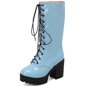 SJJH Bottes mi-longues &agrave; lacets r&eacute;glables | Bottes pour femme pour temps frais, talon 9,5 cm, fermeture &eacute;clair lat&eacute;rale, doublure chaude, bleu, 42 EU