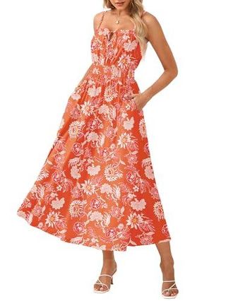 Grace Karin Robe longue d&eacute;contract&eacute;e pour femme - Style boh&egrave;me - Sans manches - Avec bretelles spaghetti - Pliss&eacute;e - Coupe trap&egrave;ze - Robe de plage - Robe festive 