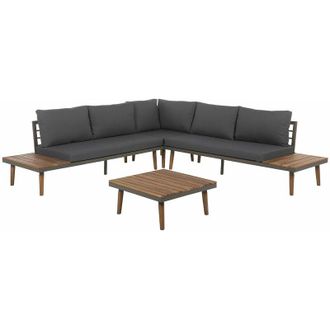 Beliani Lounge Set Braun Akazienholz 4-Teilig 5-Sitzer Garten-Ecksofa mit Couchtisch Auflagen Dunkelgrau Terrasse Outdoor Modern Gartenmöbel Set