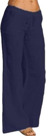 Generic Pantalon palazzo fluide en coton et lin pour femme avec cordon de serrage et taille &eacute;lastique avec poches, bleu marine, 3XL