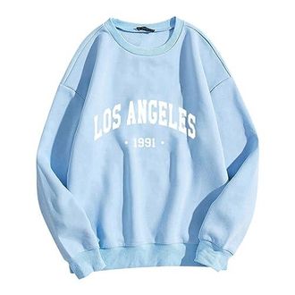 Generic Pull Los Angeles pour femme - Col rond californien - Vintage - Sweat &agrave; capuche color&eacute; - Col rond - Coupe ample - Lettre unie - Athl&eacute;tique - V&ecirc;tements 