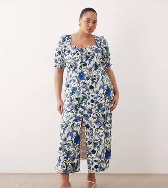 Hope & Ivy Robe mi-longue boutonn&eacute;e fendue sur le devant - Bleu fleuri-Multicolore