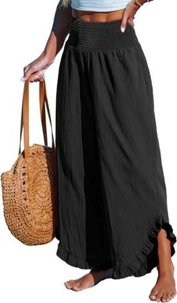 Cupshe Pantalon dété pour femme - Coupe large - Style bohème - Taille haute - Coupe droite - Asymétrique - Poignets à volants - Pantalon fluide, Noir, M