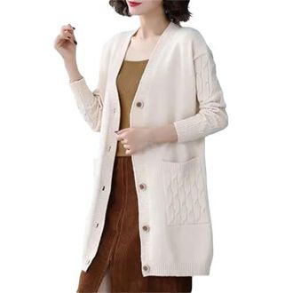 Generic Cardigan dhiver vintage r&eacute;tro tricot&eacute; avec col en V et poches unies pour femme, abricot, Taille XS
