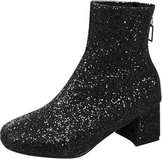 Generic Bottines Paillettes Femme Talon Bloc Bout Carr&eacute; Bottes Courtes Semelle Antid&eacute;rapante Chaussures Brillantes Femme Tendances Bottines L&eacute;g&egrave;res D&eacute;contract