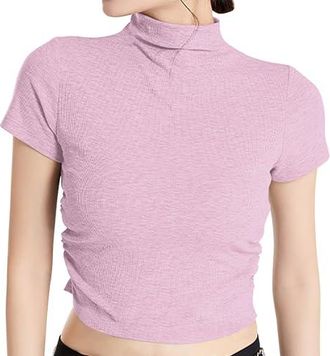 Generic Hauts courts d&eacute;contract&eacute;s &agrave; manches courtes pour femme - Coupe ample - Col haut - Tendance - Minceur - Flatteuse - Demi-chemises de sortie - T-shirt m