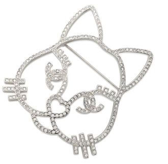Chanel Silver Crystal Cat Brooch Pin